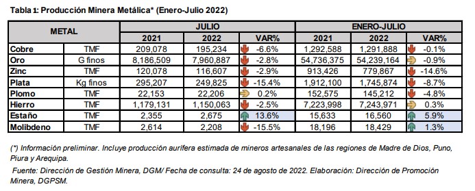 PRODUCCIÓN MINERA REGISTRÓ CAÍDA EN CASI TODOS LOS METALES EN JULIO 2022 | MINERANDINA